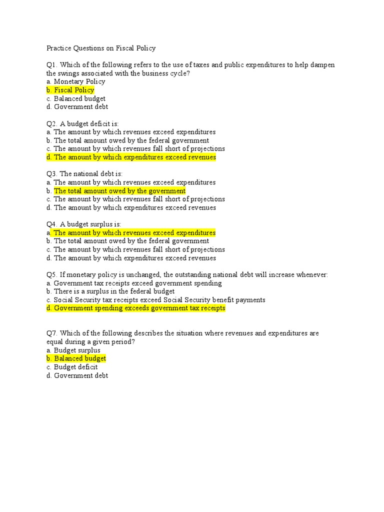 Fiscal Policy Practice Questions | PDF | Government Budget Balance ...