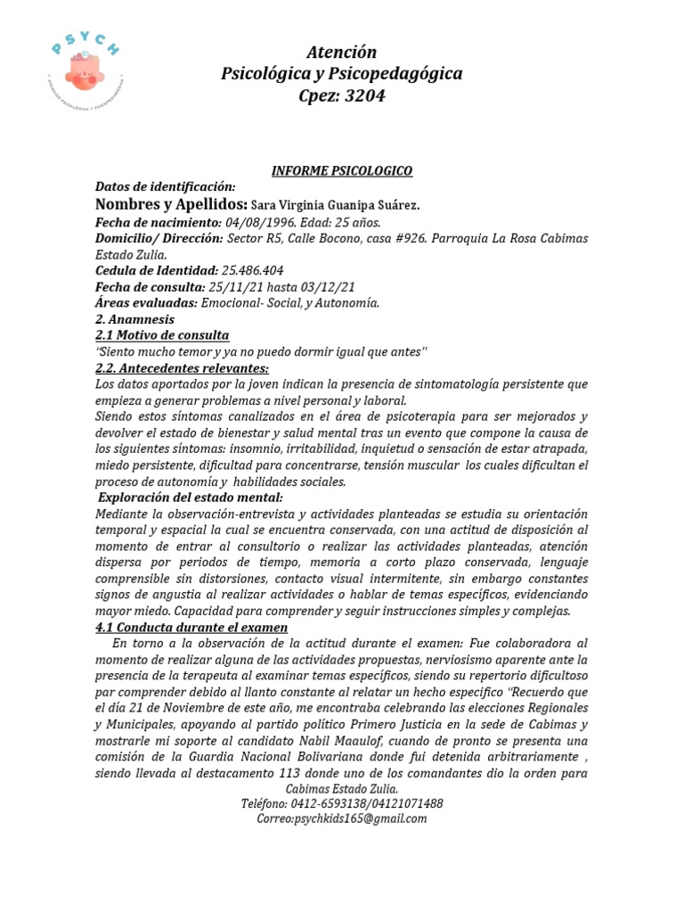 INFORME PSICOLOGICO Sara | PDF | Temor | Sicología