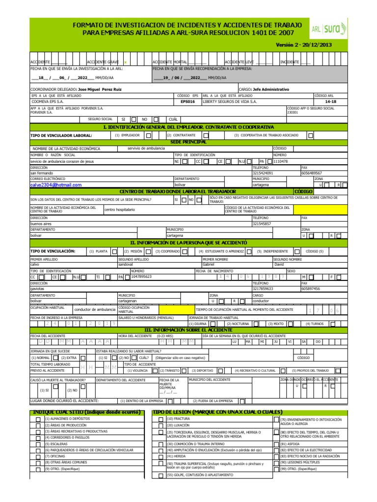 Formato de Investigacion Accidentes Arl Sura Grupo 10 | PDF | Pensión