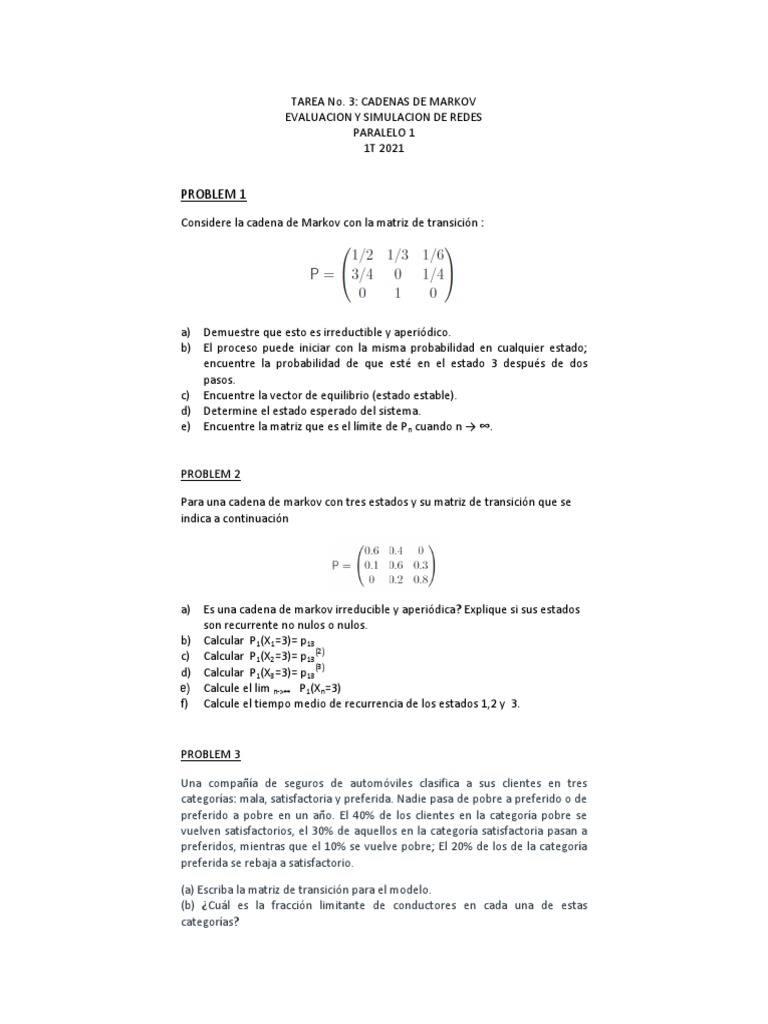 Tarea 3 Cadenas de Markov | PDF | Cadena Markov