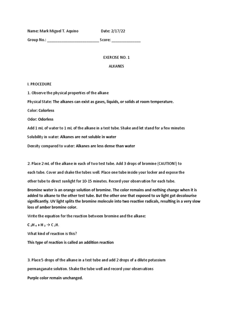 EX 1 Alkane, Alkenes, Alkynes | PDF | Alkene | Alkane