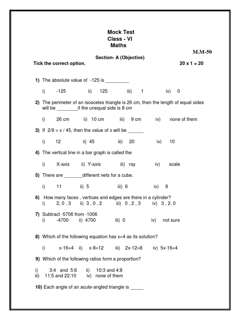 Mock Test Class 6th 2021 22 | PDF | Mathematics | Elementary Mathematics