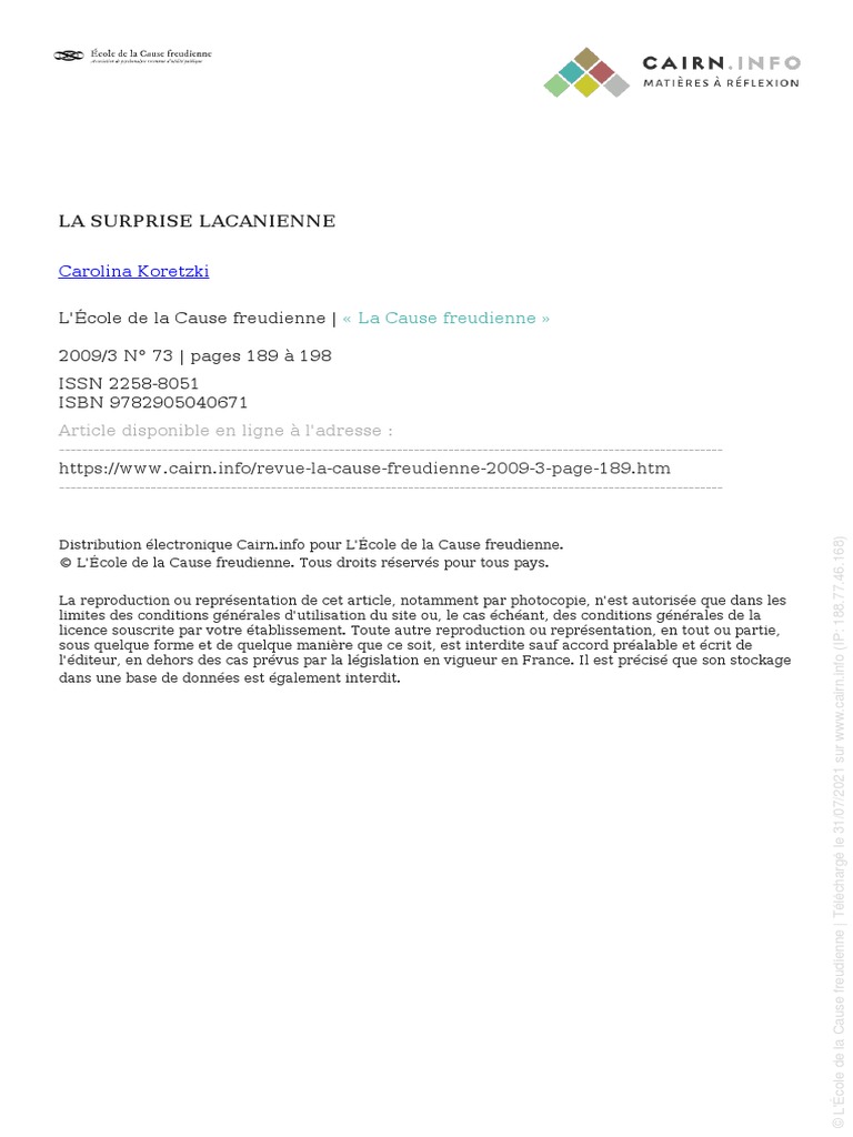 La Surprise Lacanienne | PDF | Inconscient | Jacques Lacan