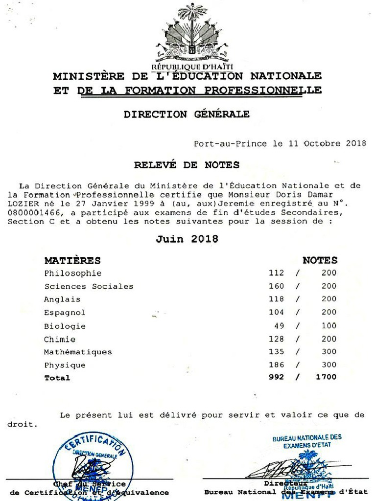 Relevée de Notes | PDF