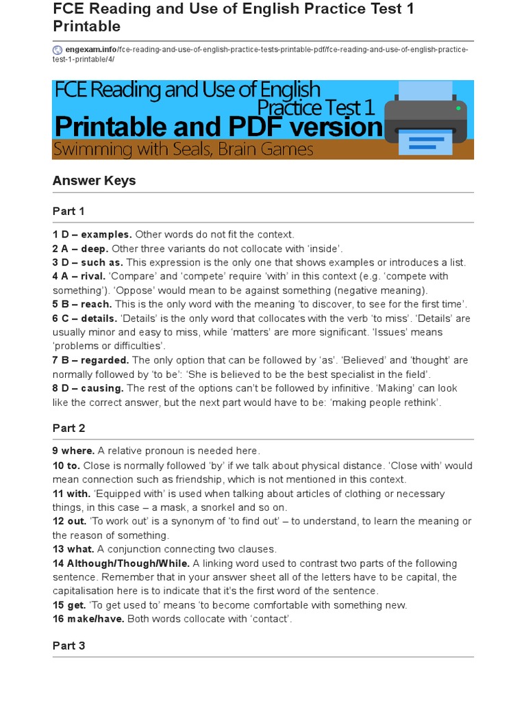 FCE Reading and Use of English Practice Test 1 Answers | PDF | Verb ...