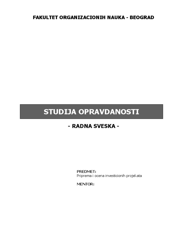 Priprema I Ocena Investicionih Projekata - Radna Sveska | PDF