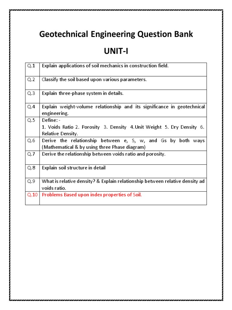 Geotechnical Engineering Question Bank Unit 1-6 | PDF | Soil Mechanics | Geotechnical Engineering