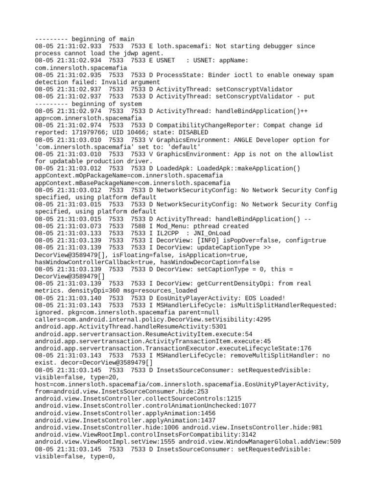 Android Logcat Logs Analyzing Space Mafia App Startup | PDF | Java (Programming Language ...