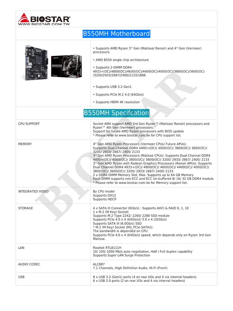Biostar b550mh Spec | PDF | Hdmi | Bios
