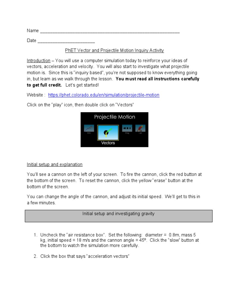 PhET Exploring Vectors and Projectile Motion | PDF | Acceleration ...