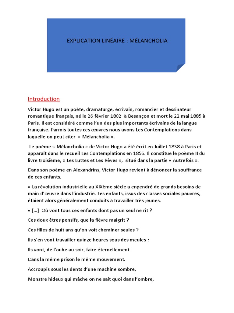Explication Linéaire Mélancholia | PDF | Victor Hugo