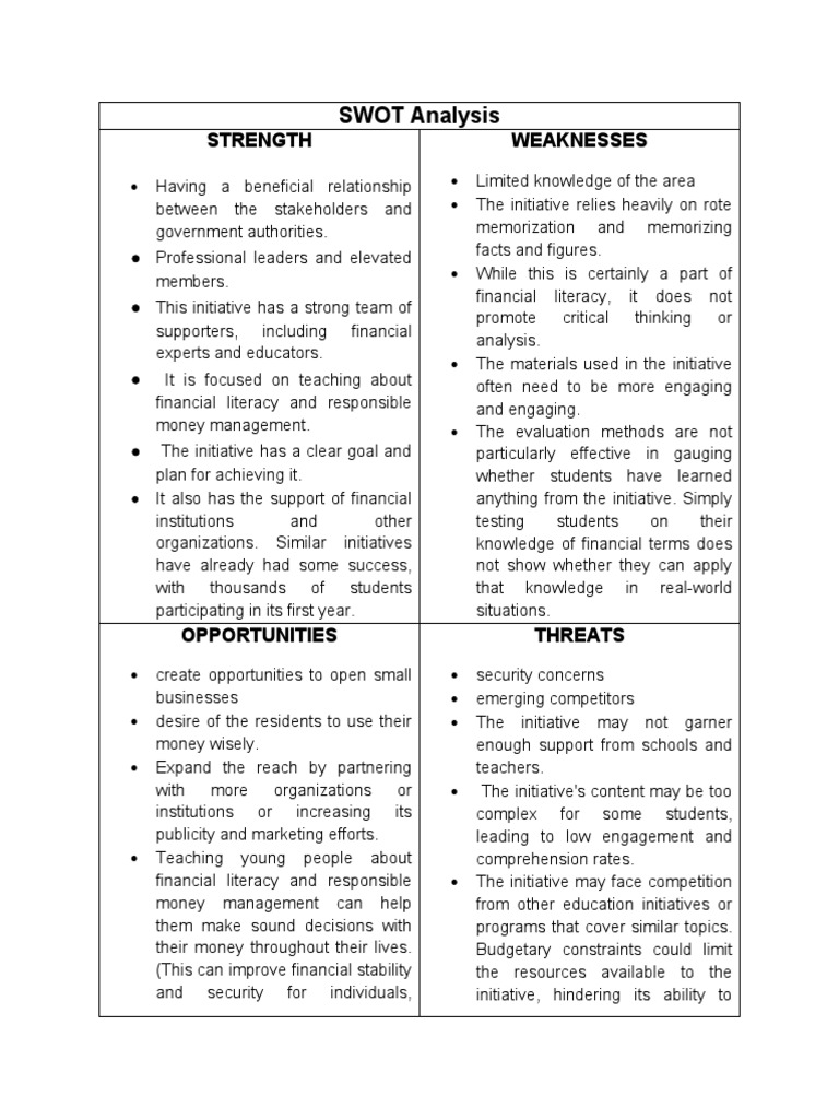 SWOT Analysis | Download Free PDF | Literacy | Financial Literacy