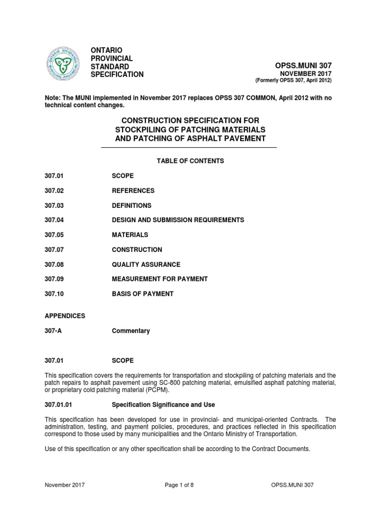 OPSS - Muni 307 Nov17 Construction Specification For Stockpiling of Patching Materials and ...