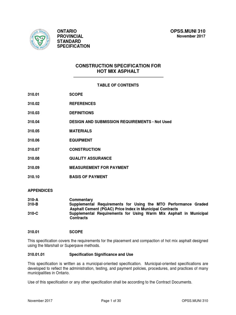 OPSS - Muni 310 Nov17 Construction Specification For Hot Mix Asphalt ...