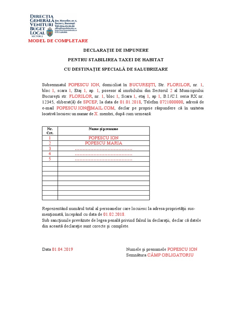 Model-Declaratie de Impunere Habitat | PDF