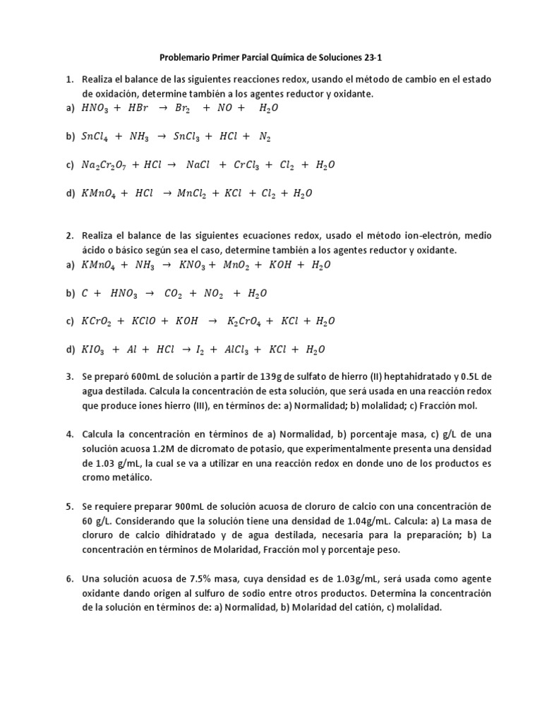 Problemario 1er Parcial QS | PDF | Concentración | Redox