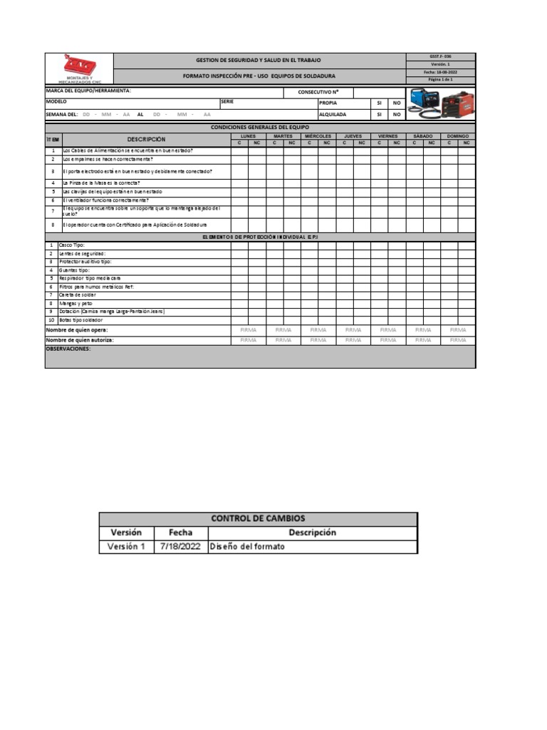 SG SST F 036 V1 Pre Uso Equipo Soldadura | PDF | Soldadura | Construcción SG SST F 036 V1 Pre Uso Equipo Soldadura | PDF | Soldadura | Construcción