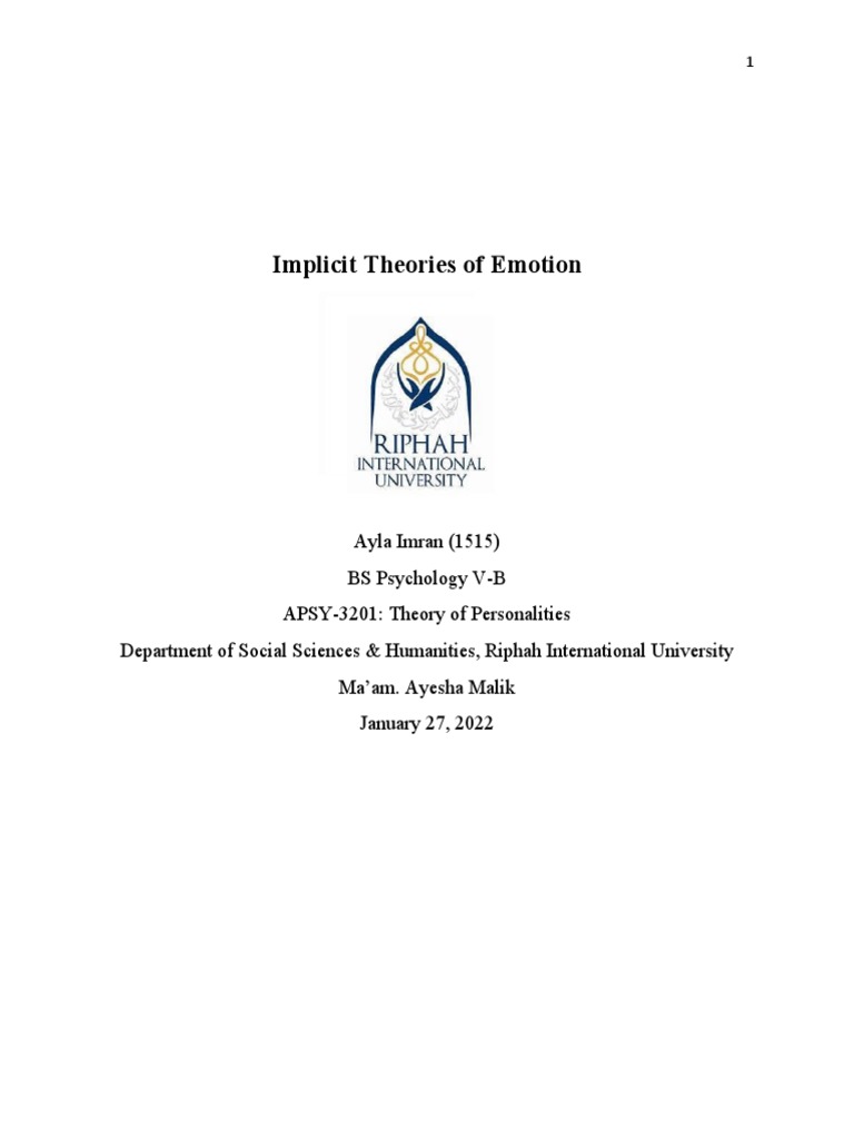 Implicit Theories of Emotion | Download Free PDF | Emotions | Well Being
