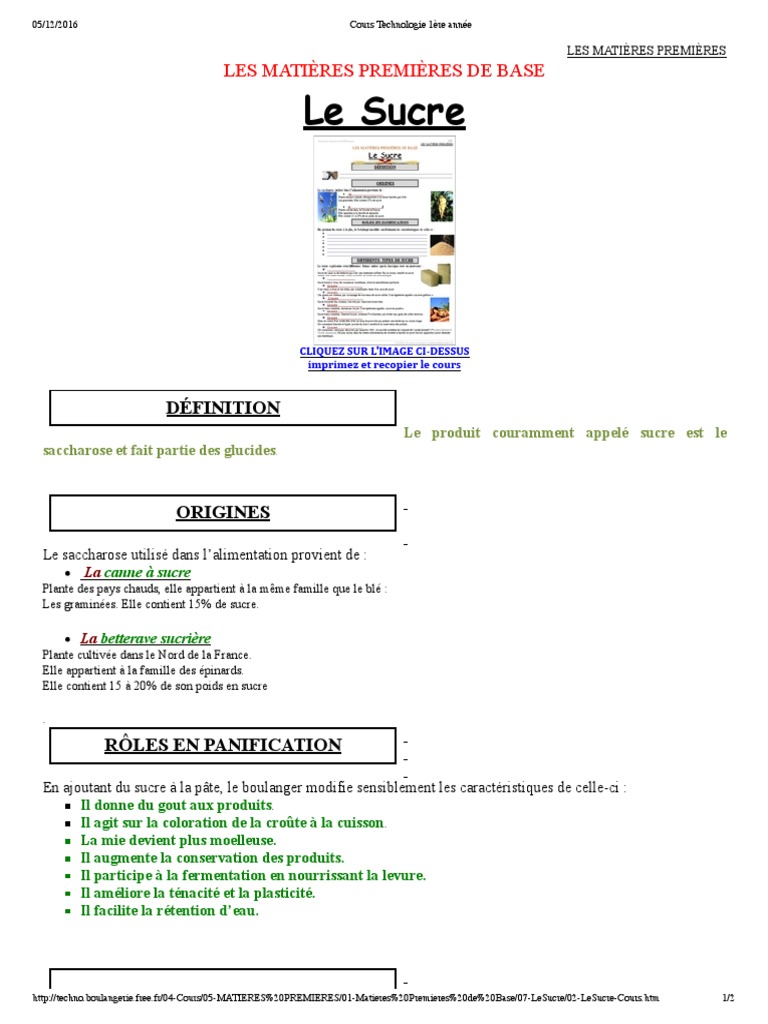 Cours Technologie 1ère Année - Le Sucre | PDF | Sucre | Régime et nutrition