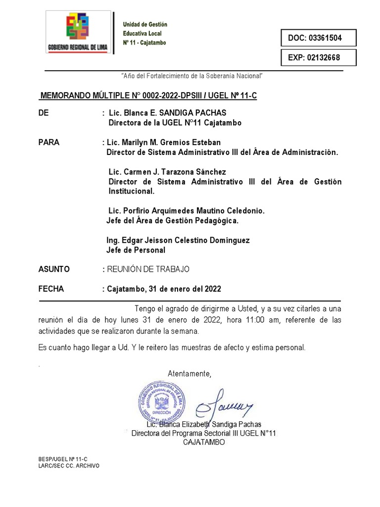 Memorando Multiple 0002 - Reunion de Trabajo | PDF