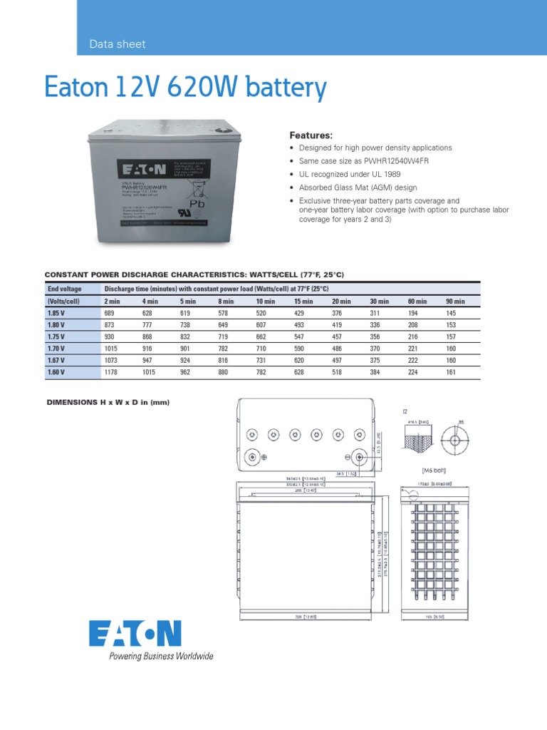 Eaton 12V 620W Battery: Data Sheet | PDF | Electromagnetism | Physical ...