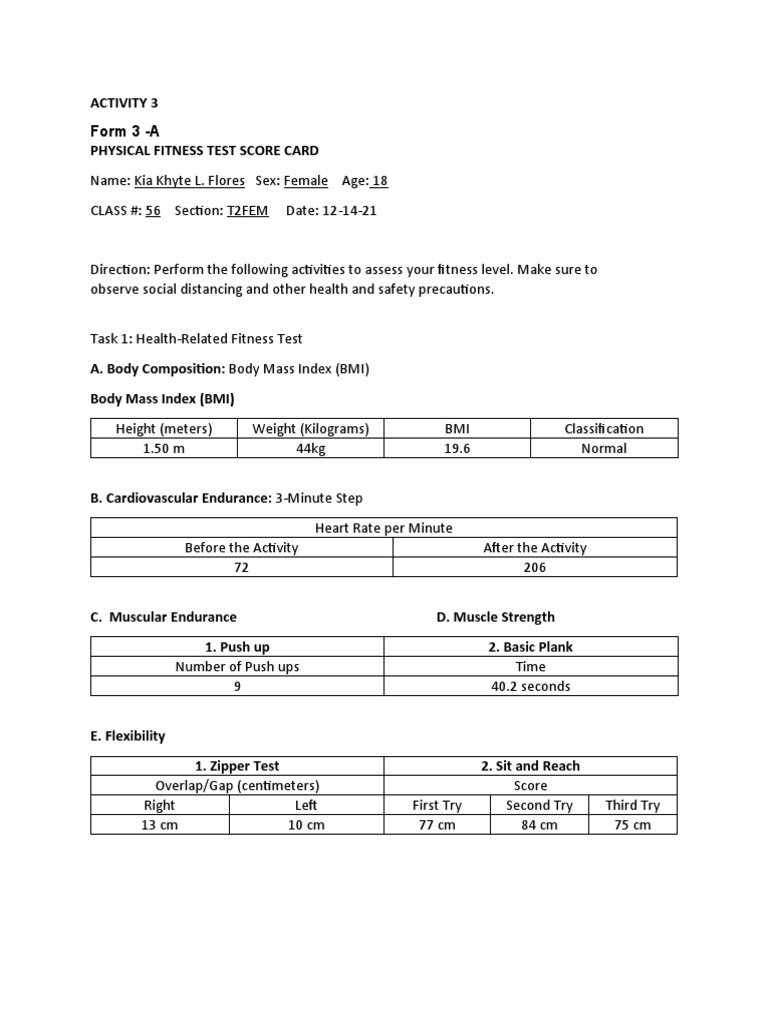 Fitness Test Score Card | PDF