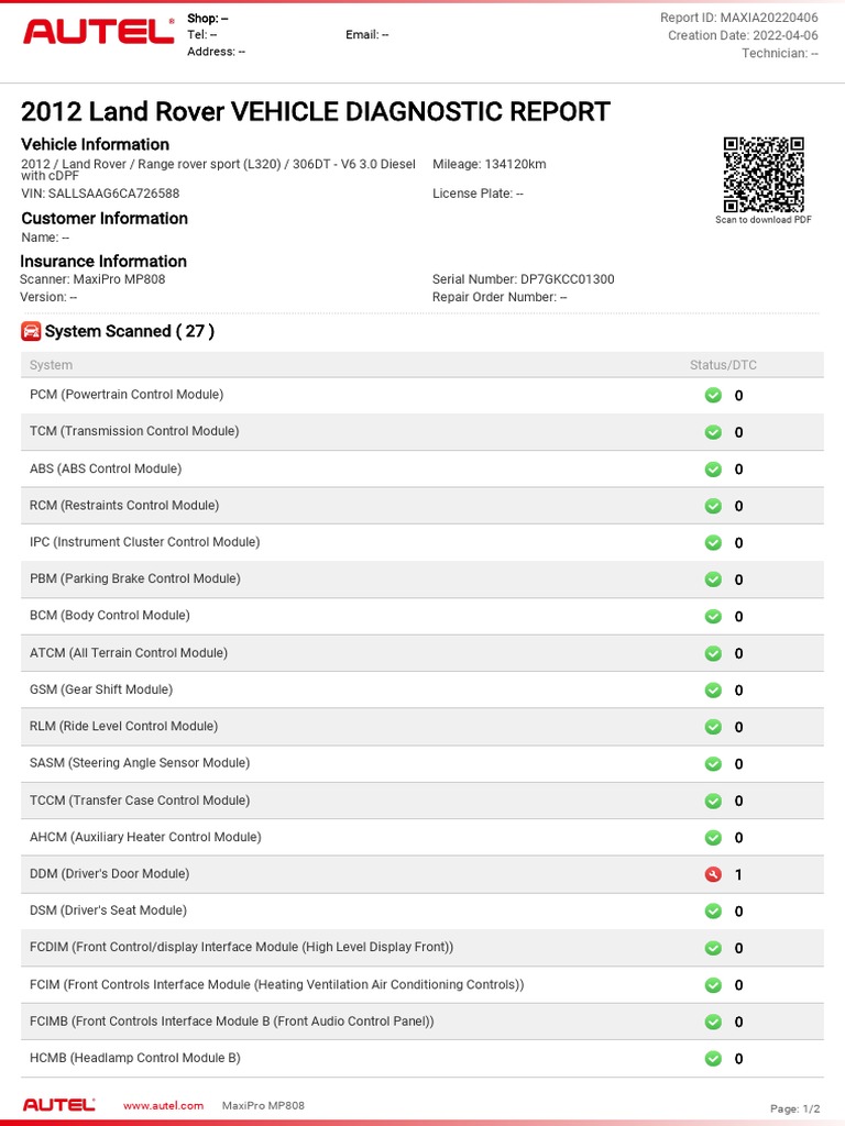 2012 Land Rover VEHICLE DIAGNOSTIC REPORT - SALLSAAG6CA726588 - 2022046145024-1 | PDF | Motor ...