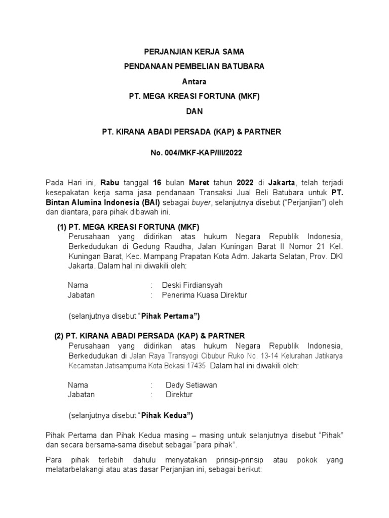 Kontrak Funder PT. Kirana Abadi Persada (KAP) | PDF | Bisnis