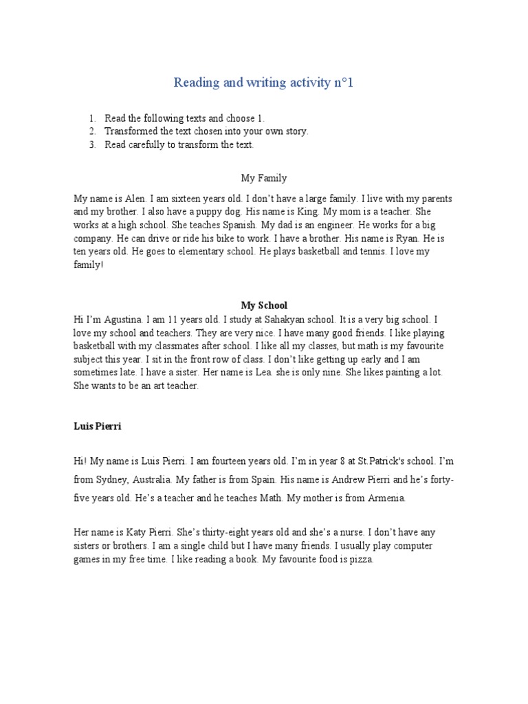 Reading and Writing Activity 1 | PDF