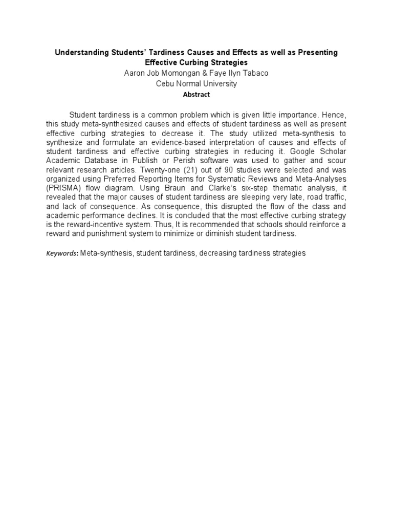 ABSTRACT Understanding Students' Tardiness Causes and Effects As Well ...