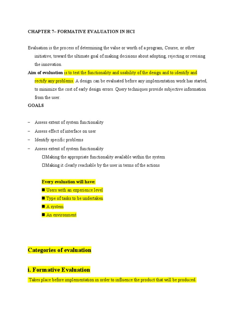 CHAPTER 7 -FORMATIVE EVALUATION | PDF | Usability | Evaluation