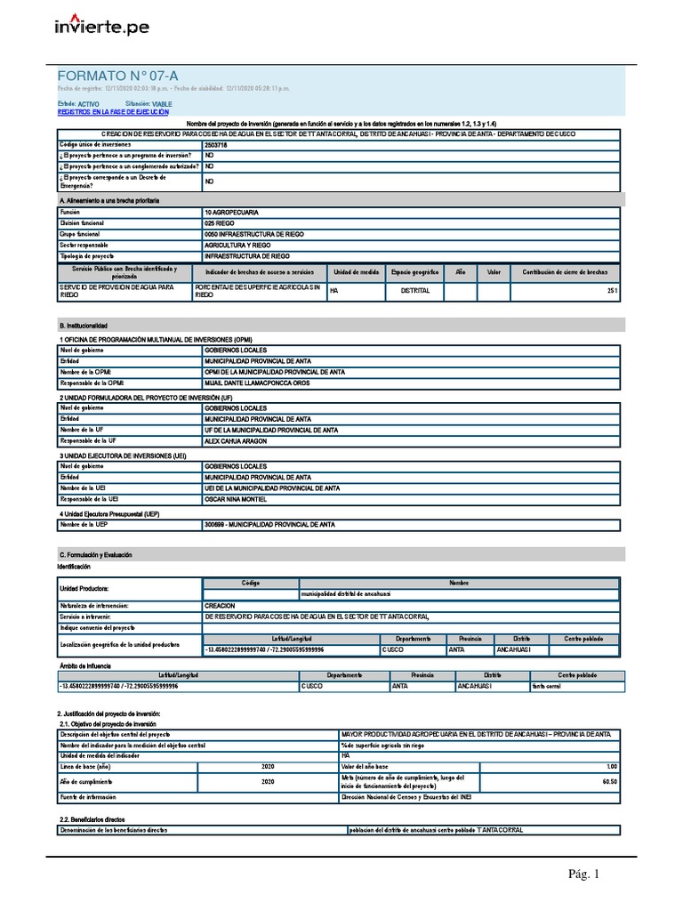 Formato N°07-A | PDF | Reservorio | Infraestructura