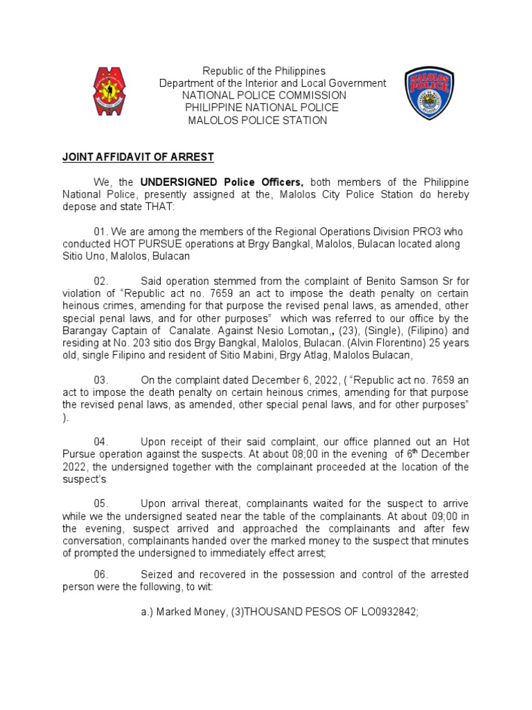 Joint Affidavit of Arrest in Malolos | PDF | Affidavit | Government