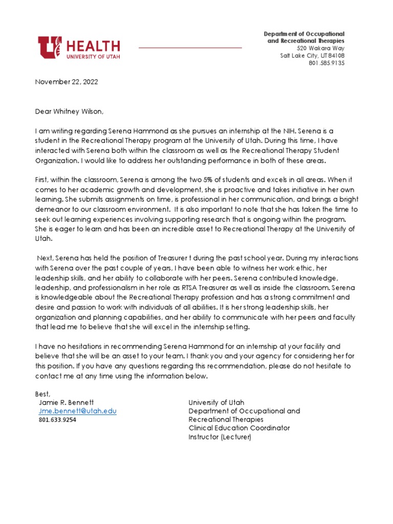 Hammonds 2022 Jamie Bennett Letter of Recommendation | PDF | Cognition | Learning