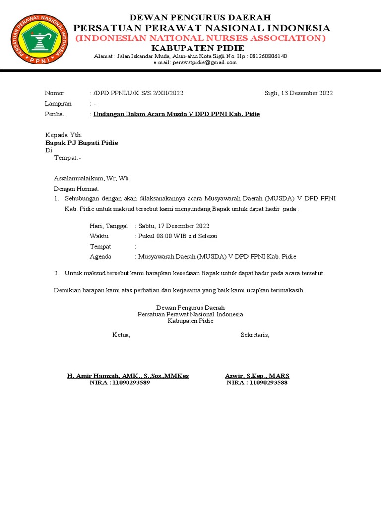 Undangan Musda V DPD PPNI Pidie | PDF