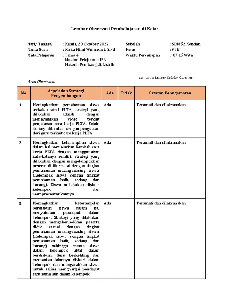 2 - Lembar Observasi Pembelajaran Di Kelas | PDF | Karier & Perkembangan | Seni