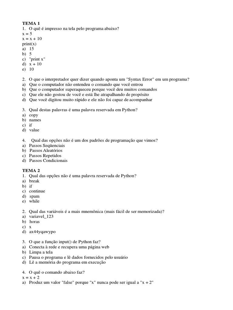 Questionário Python Pdf Python Linguagem De Programação 4508