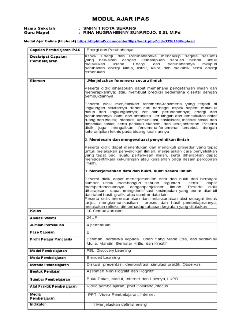 Modul Ajar - Energi Dan Perubahannya | PDF Modul Ajar - Energi Dan Perubahannya | PDF