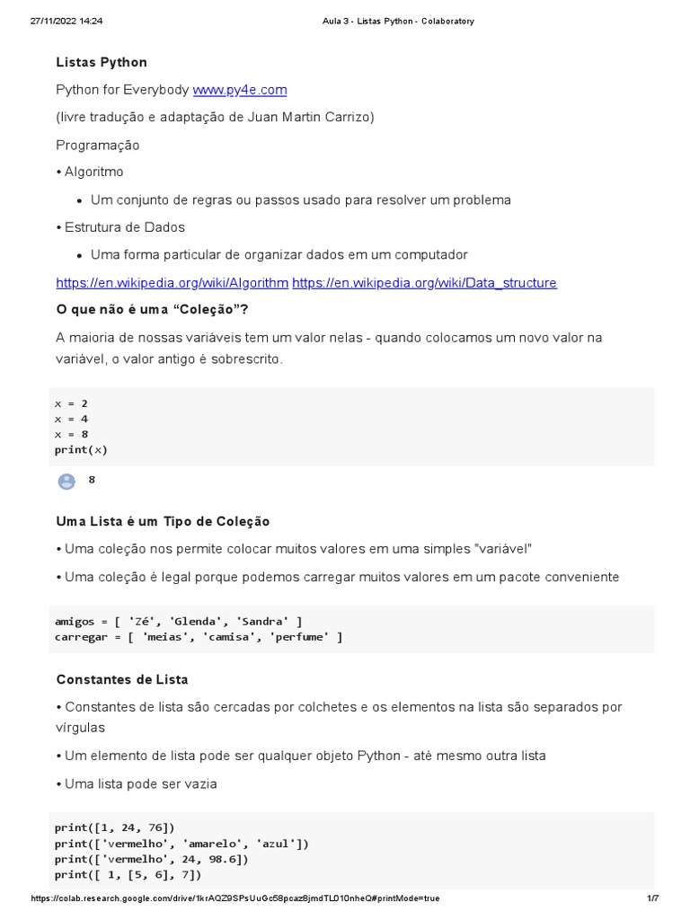 Aula 3 - Listas Python - Colaboratory | PDF | Python (linguagem de ...