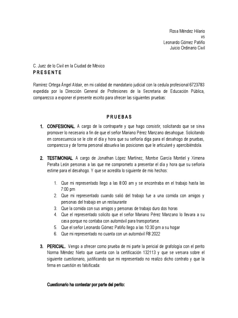 Escrito De Ofrecimiento De Pruebas Civil Pdf