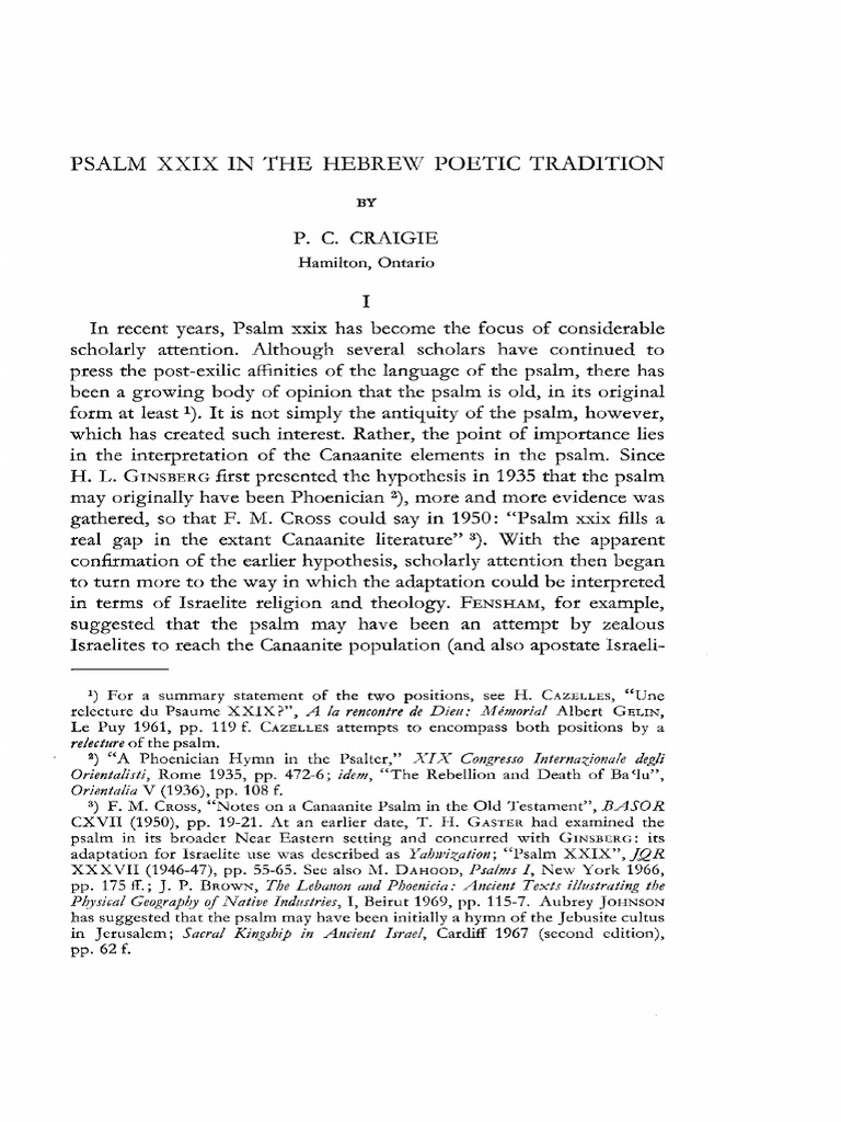 P. C. Craigie (1972) - Psalm 29 in The Hebrew Poetic Tradition. Vetus ...