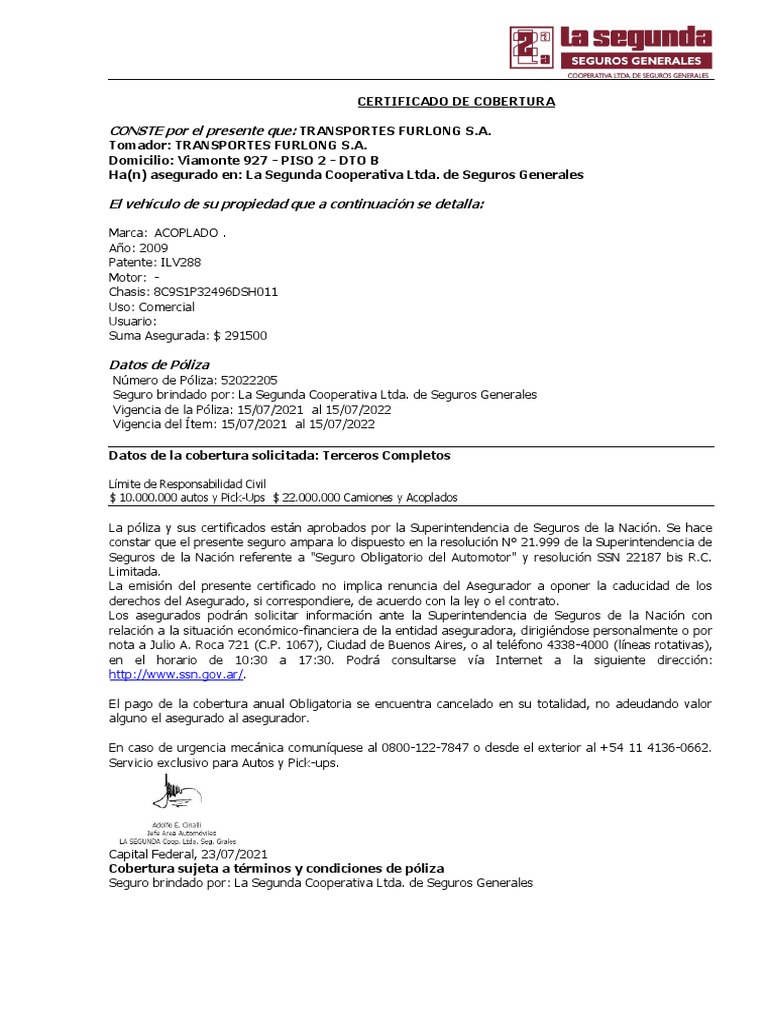 Certificado Cobertura Transporte Furlong | PDF | Póliza de seguros | Seguro