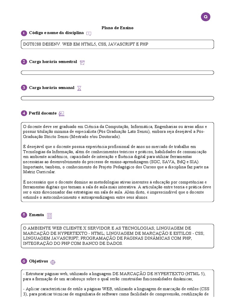 Plano de Ensino: Desenvolvimento Web | PDF | Rede mundial de ...