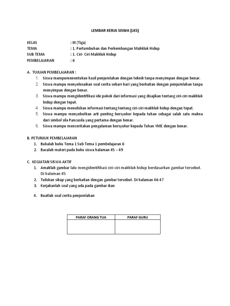LKS Tema 1 Sub Tema 1 Pembelajaran 6 | PDF