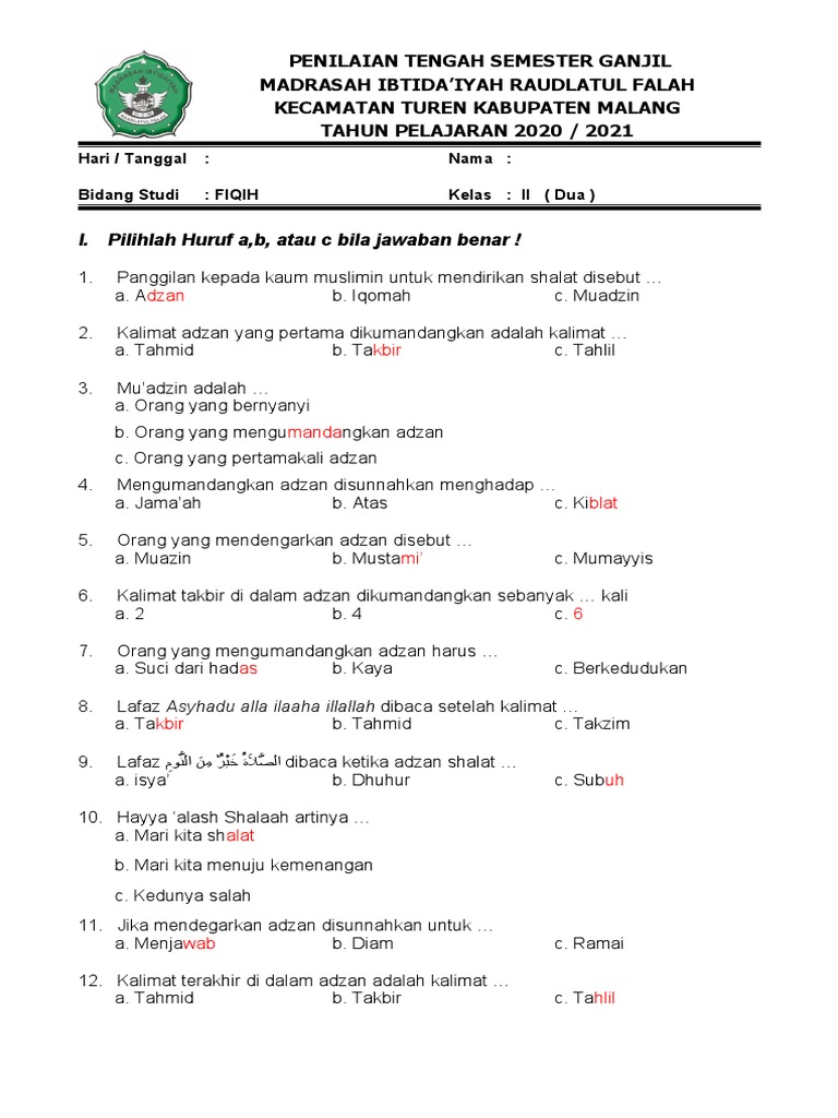 SOAL PTS GANJIL 20-21 Fiqih | PDF