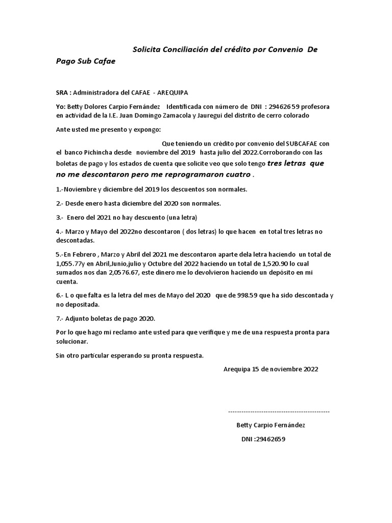 Solicita Conciliación Del Crédito Por Convenio de Pago Sub Cafae | PDF