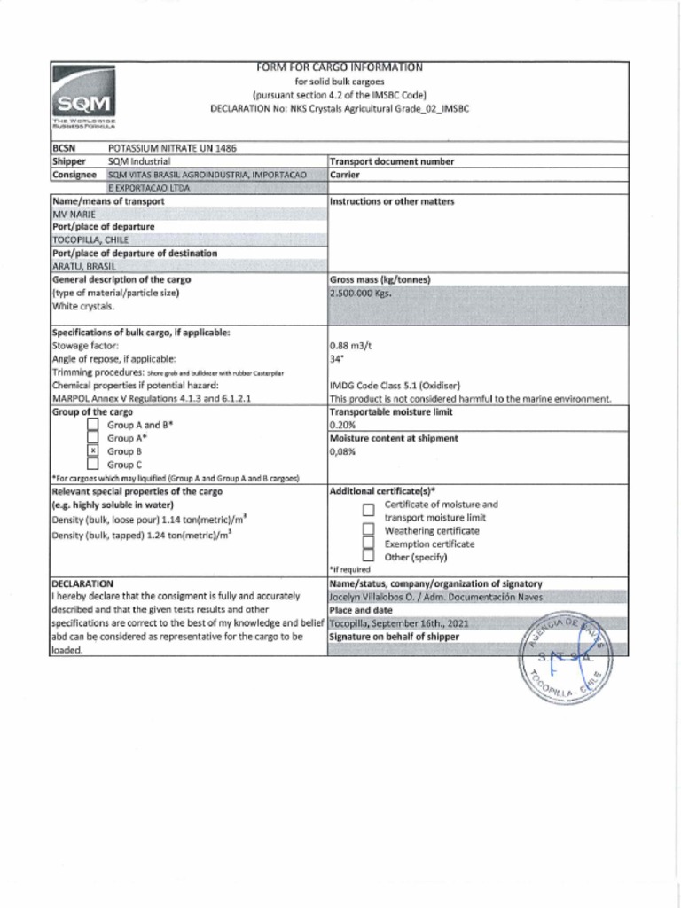 37 - Shipper S Declarations MV NARIE | PDF