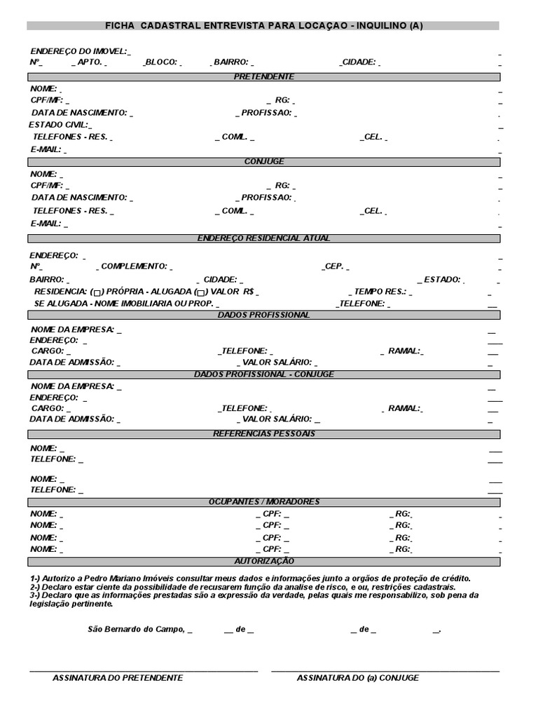 Ficha Cadastral Residencial - Inquilino | PDF