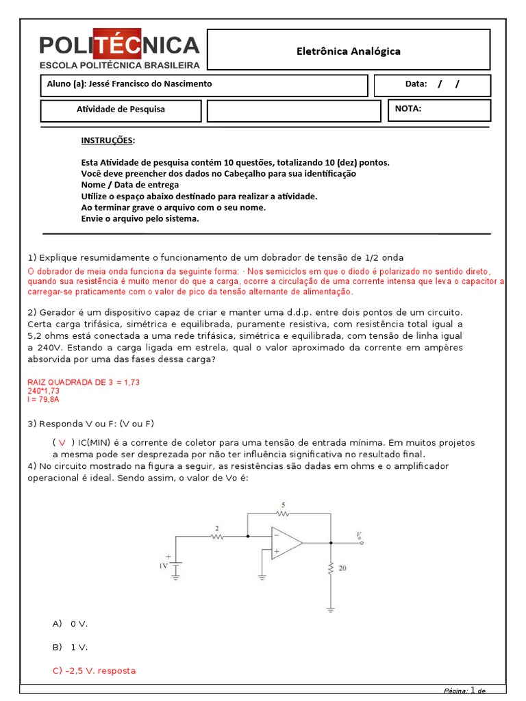 Atividade de Pesquisa - Eletrônica Analógica | PDF | Rede elétrica | Circuitos em série e em ...