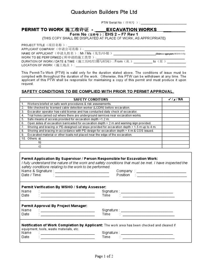 Excavation Permit to Work Guidelines | PDF | Safety